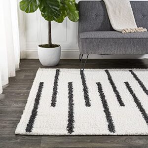 JONATHAN Y MOH402A-5 Alaro Berber Stripe Shag Indoor Area -Rug Bohemian Geometric Contemporary Glam Easy -Cleaning Bedroom Kitchen Living Room Non Shedding, 5 X 8, White/Black