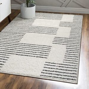 jonathan y moh407a-5 petra abstract stripe geometric shag indoor area-rug bohemian contemporary glam easy-cleaning bedroom kitchen living room non shedding, 5 x 8, white/black