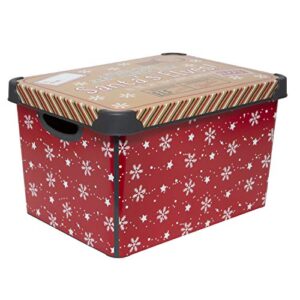 simplify santa’s elves and snowflake design storage bin | christmas tote | holiday décor decorations organizer | lidded | stackable | red