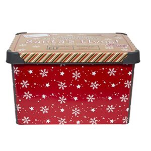 Simplify Santa’s Elves and Snowflake Design Storage Bin | Christmas Tote | Holiday Décor Decorations Organizer | Lidded | Stackable | Red