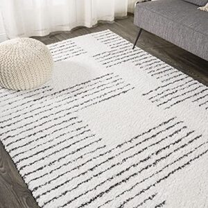 JONATHAN Y MOH407A-5 Petra Abstract Stripe Geometric Shag Indoor Area-Rug Bohemian Contemporary Glam Easy-Cleaning Bedroom Kitchen Living Room Non Shedding, 5 X 8, White/Black