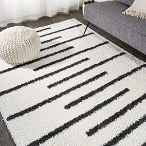 JONATHAN Y MOH402A-5 Alaro Berber Stripe Shag Indoor Area -Rug Bohemian Geometric Contemporary Glam Easy -Cleaning Bedroom Kitchen Living Room Non Shedding, 5 X 8, White/Black