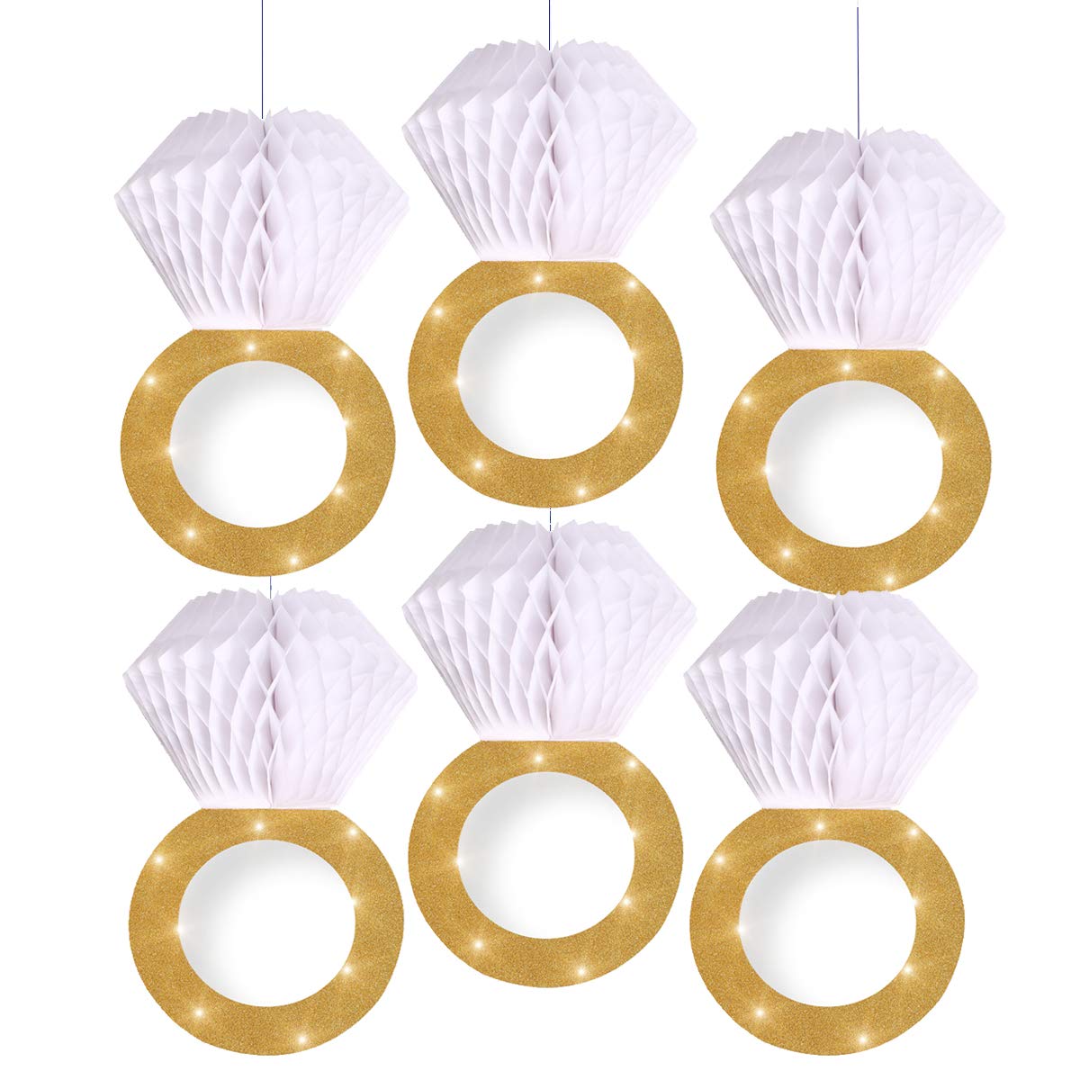 Bridal Shower Decoration,Engagement Party Supplies,Bachelorette Party Favor,She Said Yes Engaged Diamond Ring,Glitter Gold Honeycomb Ring Hanging Decorations Set of 6