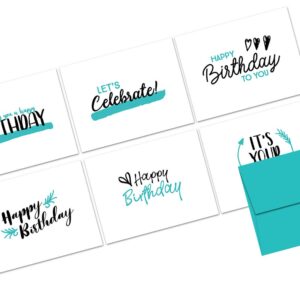 happy birthday cards bulk assortment – 72 pack – teal script birthday – 6 unique designs – aqua blue envelopes included – birthday greeting cards – glossy cover blank inside – by note card café