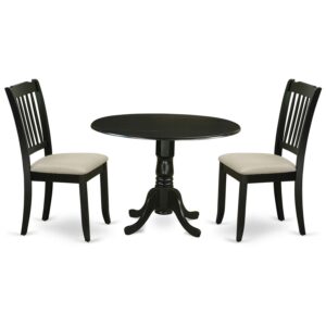 east west furniture dlda3-blk-c 3 piece dining set contains a round dining room table with dropleaf and 2 linen fabric upholstered kitchen chairs, 42x42 inch, black