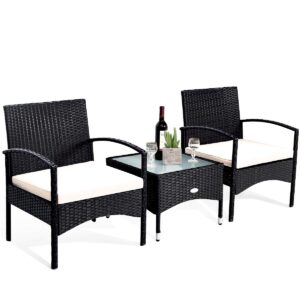 tangkula 3 pcs patio wicker rattan furniture set, rattan chair with coffee table, high load bearing chair conversation sets for patio garden lawn backyard pool (black)