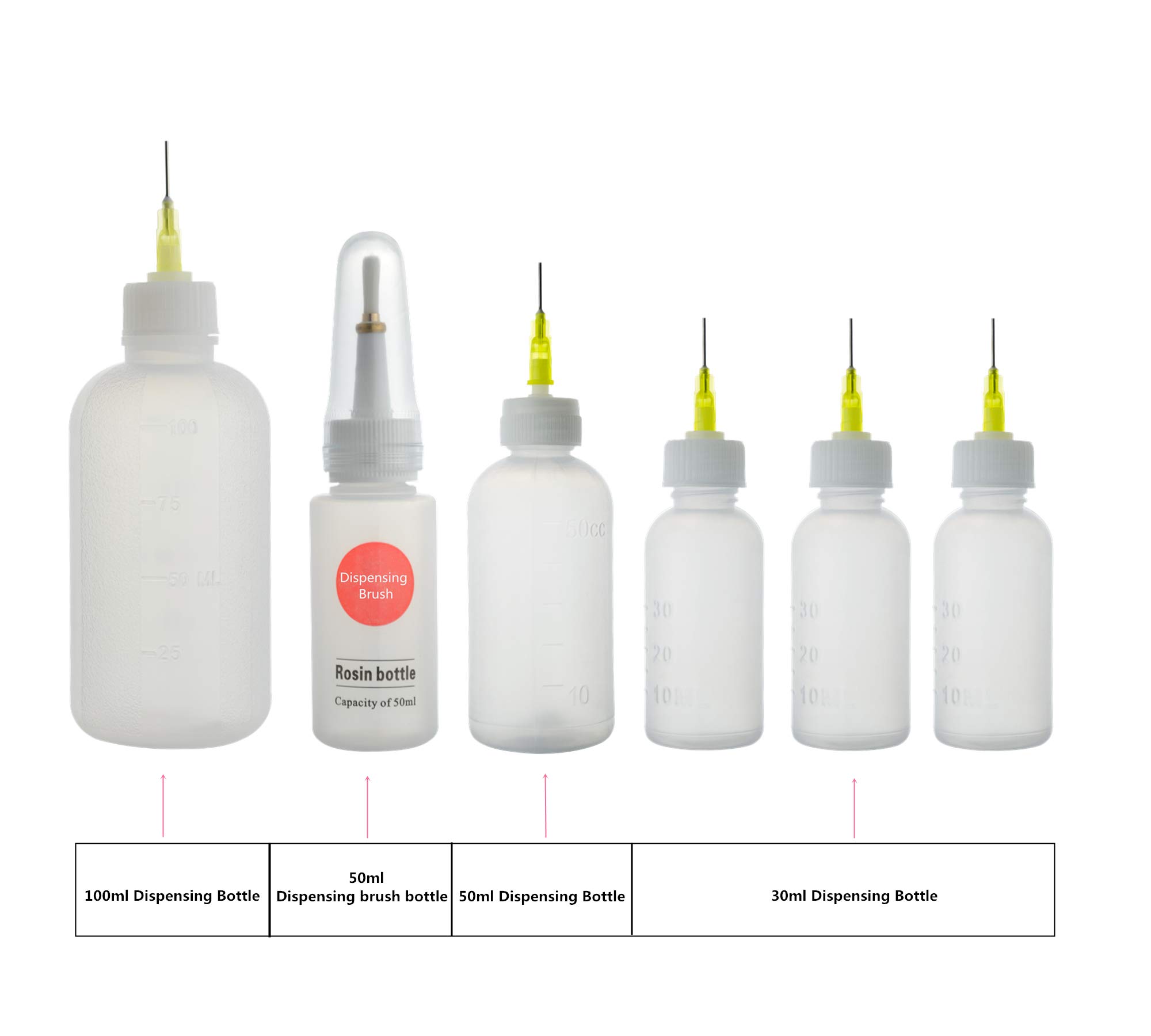 SHAOTONG 6Pcs Squeeze Bottle with 14Pcs Dispensing Needles and 1Pc Dispensing Brush and 12Pcs Cap (30ml+50ml+100ml)