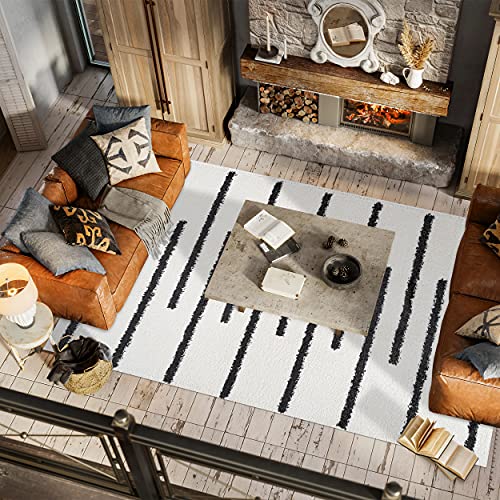 JONATHAN Y MOH402A-5 Alaro Berber Stripe Shag Indoor Area -Rug Bohemian Geometric Contemporary Glam Easy -Cleaning Bedroom Kitchen Living Room Non Shedding, 5 X 8, White/Black