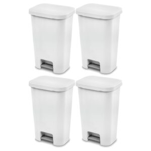 sterilite 11.9 gallon stepon wastebasket with lid, ideal in the kitchen and mudroom, fits a large 13 gal trash liner, pedal, white lid and bin, 4-pack