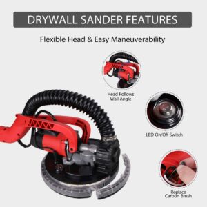 POWER PRO 1850 Electric Drywall Sander - Variable Speed 1000-1850rpm, 750 Watts, with Automatic Vacuum System, LED Light, and Tool Case (1850)