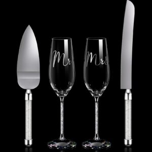 Boao 4 Piece Wedding Toasting Flutes and Cake Server Set Wedding Reception Supplies Champagne Glasses Cake Knife Pie Server (White Diamond, Simple)