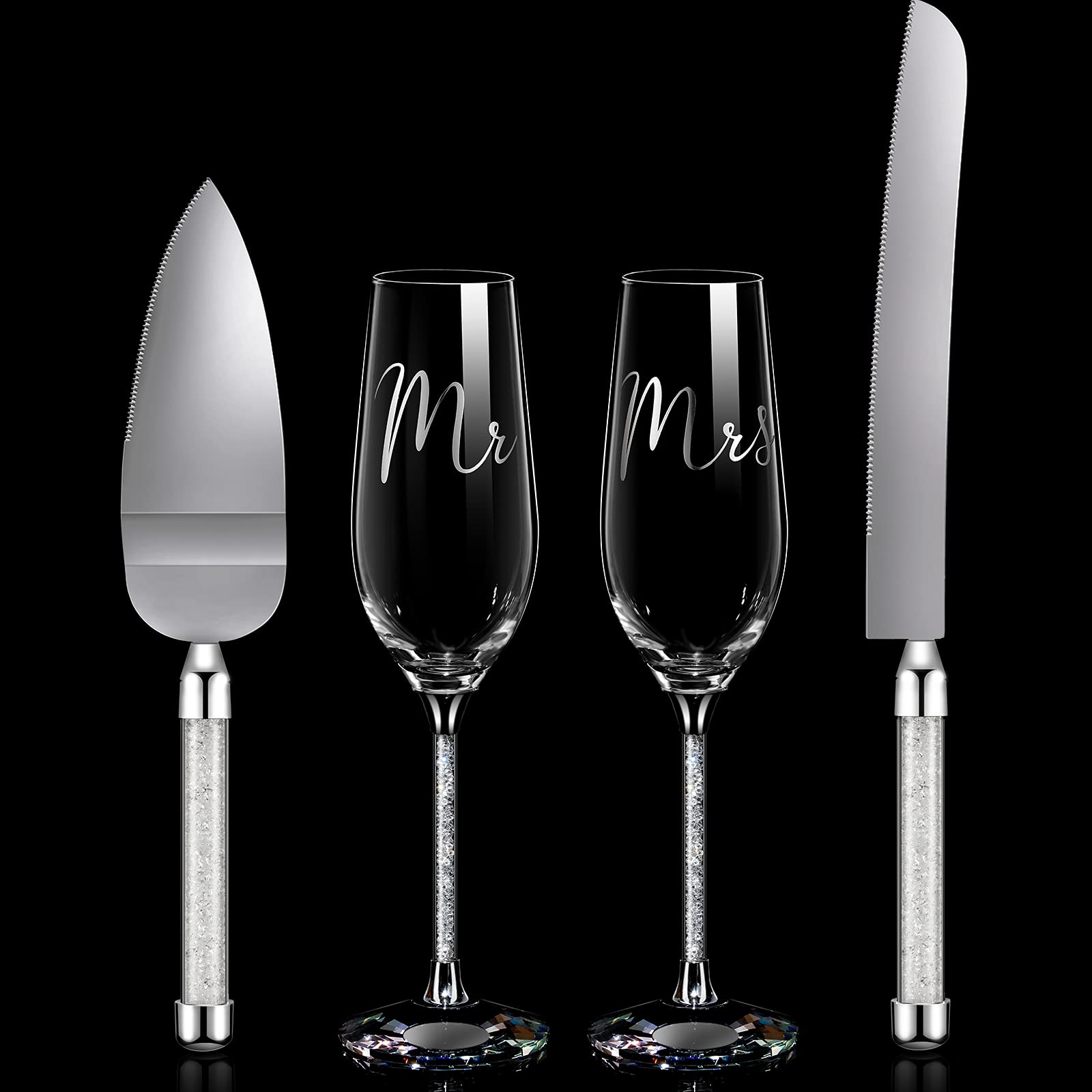 Boao 4 Piece Wedding Toasting Flutes and Cake Server Set Wedding Reception Supplies Champagne Glasses Cake Knife Pie Server (White Diamond, Simple)