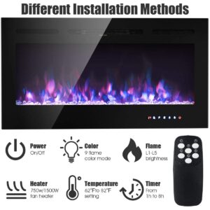 Tangkula 40 inches Electric Fireplace Insert with Thermostat, in-Wall Recessed and Wall Mounted 1500 W Faux Fireplace, Touch Screen Control, 9 Flamer Color, Temperature Control & Timer (40 inches)