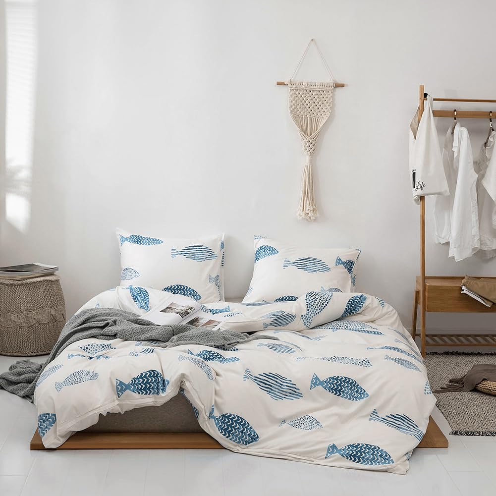 Kids Duvet Cover Twin, 3 Pieces Soft Lightweight Microfiber Duvet Cover Set, Blue Abstract Fish Bedding Comforter Cover Set with Zipper Ties, 1 Duvet Cover and 2 Pillowcases, No Comforter