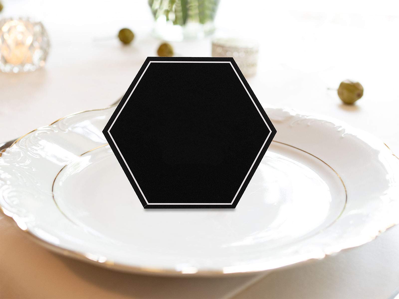 Summer-Ray 48 Black Hexagon Wedding Place Cards Escort Cards with White Rim