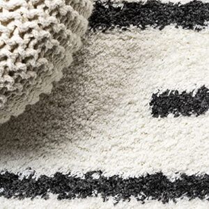 JONATHAN Y MOH402A-5 Alaro Berber Stripe Shag Indoor Area -Rug Bohemian Geometric Contemporary Glam Easy -Cleaning Bedroom Kitchen Living Room Non Shedding, 5 X 8, White/Black