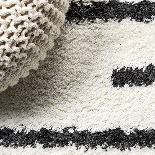 JONATHAN Y MOH402A-5 Alaro Berber Stripe Shag Indoor Area -Rug Bohemian Geometric Contemporary Glam Easy -Cleaning Bedroom Kitchen Living Room Non Shedding, 5 X 8, White/Black