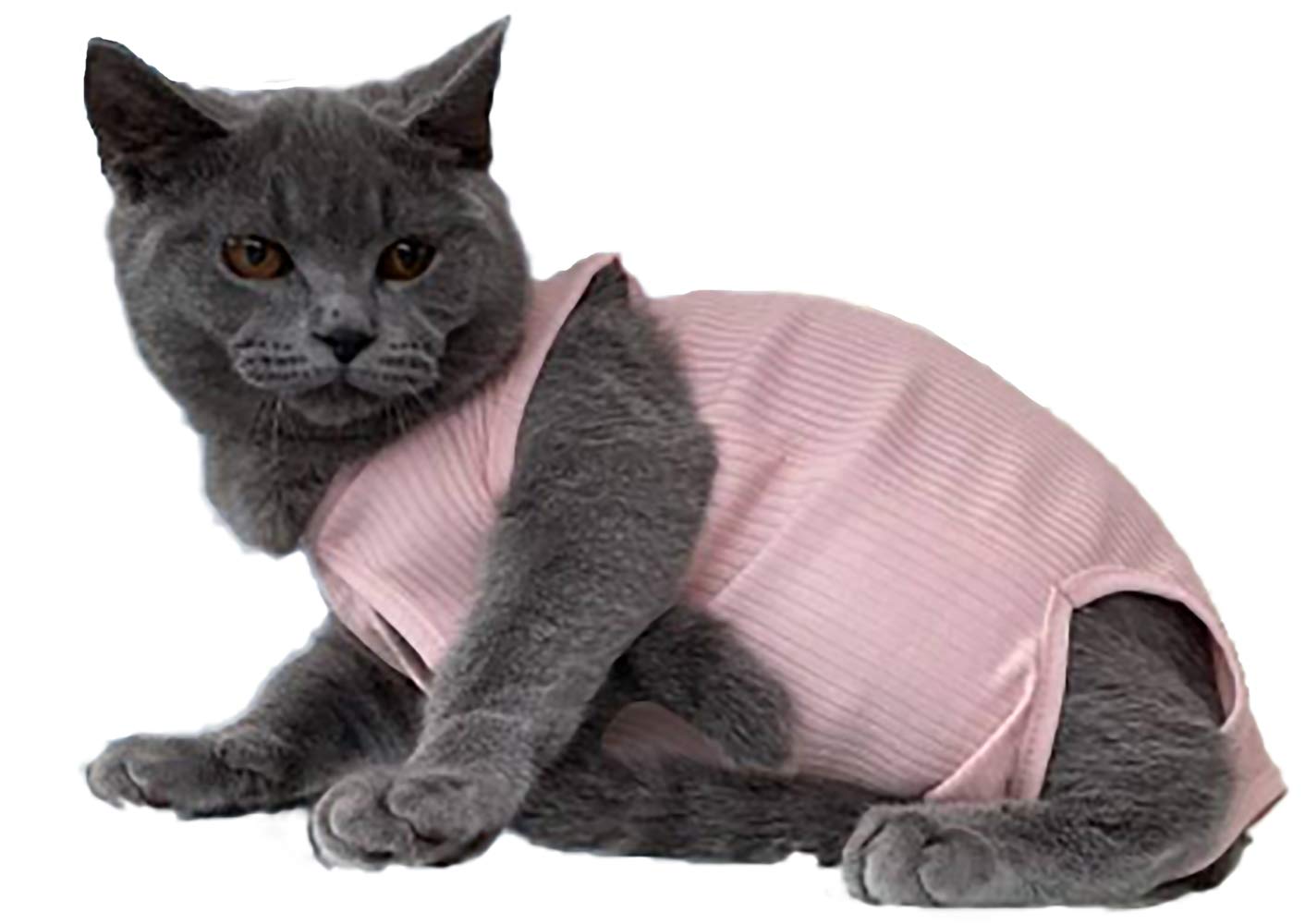 Lanyarco Pet Cat Recovery Suit Shirt Clothes 95% Cotton,Collar Alternative for Cats,Large Muted Pink