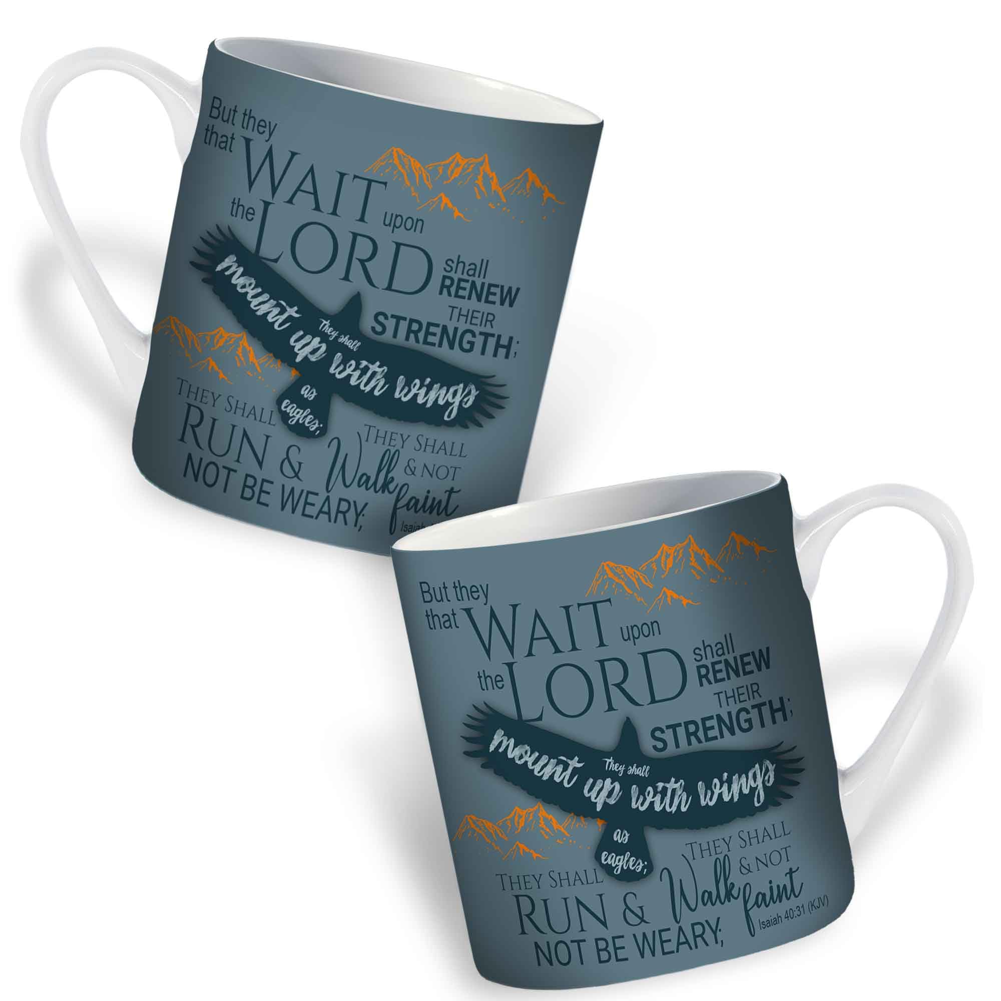 Christian Mug with Gift Box, 12 oz, Eagles wings, with Bible verse Isaiah 40:31. These Christian Coffee Mugs make perfect Christian gifts for men, by Just Cards Direct (Blue/Eagles)