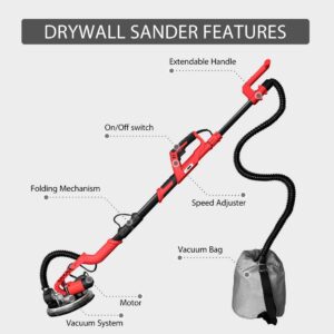 POWER PRO 1850 Electric Drywall Sander - Variable Speed 1000-1850rpm, 750 Watts, with Automatic Vacuum System, LED Light, and Tool Case (1850)