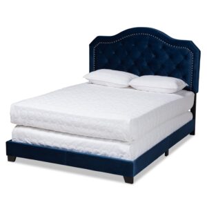 baxton studio samantha modern and contemporary navy blue velvet fabric upholstered queen size button tufted bed