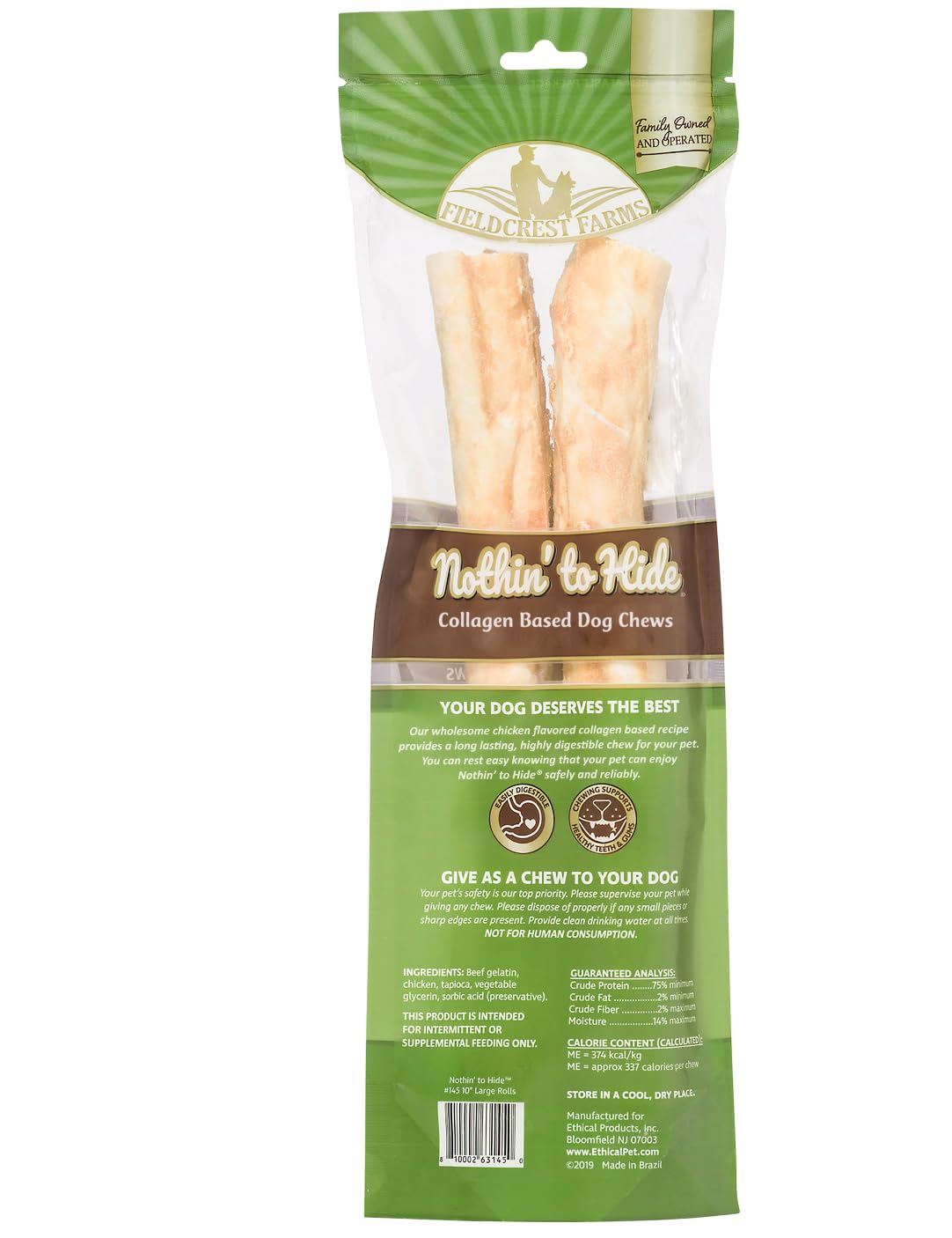 Fieldcrest Farms Nothing to Hide Natural Rawhide Alternative Large 10'' Rolls for Dogs - 3 Pack (6 Chews) Premium Grade Easily Digestible Chews - Great for Dental Health (Chicken)