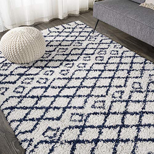 JONATHAN Y SHG104B-8 Sineu Moroccan Diamond Shag Indoor Area-Rug Bohemian Contemporary Modern Geometric Easy-Cleaning High Traffic Bedroom Kitchen Living Room Non Shedding, 8 X 10, Beige/Navy