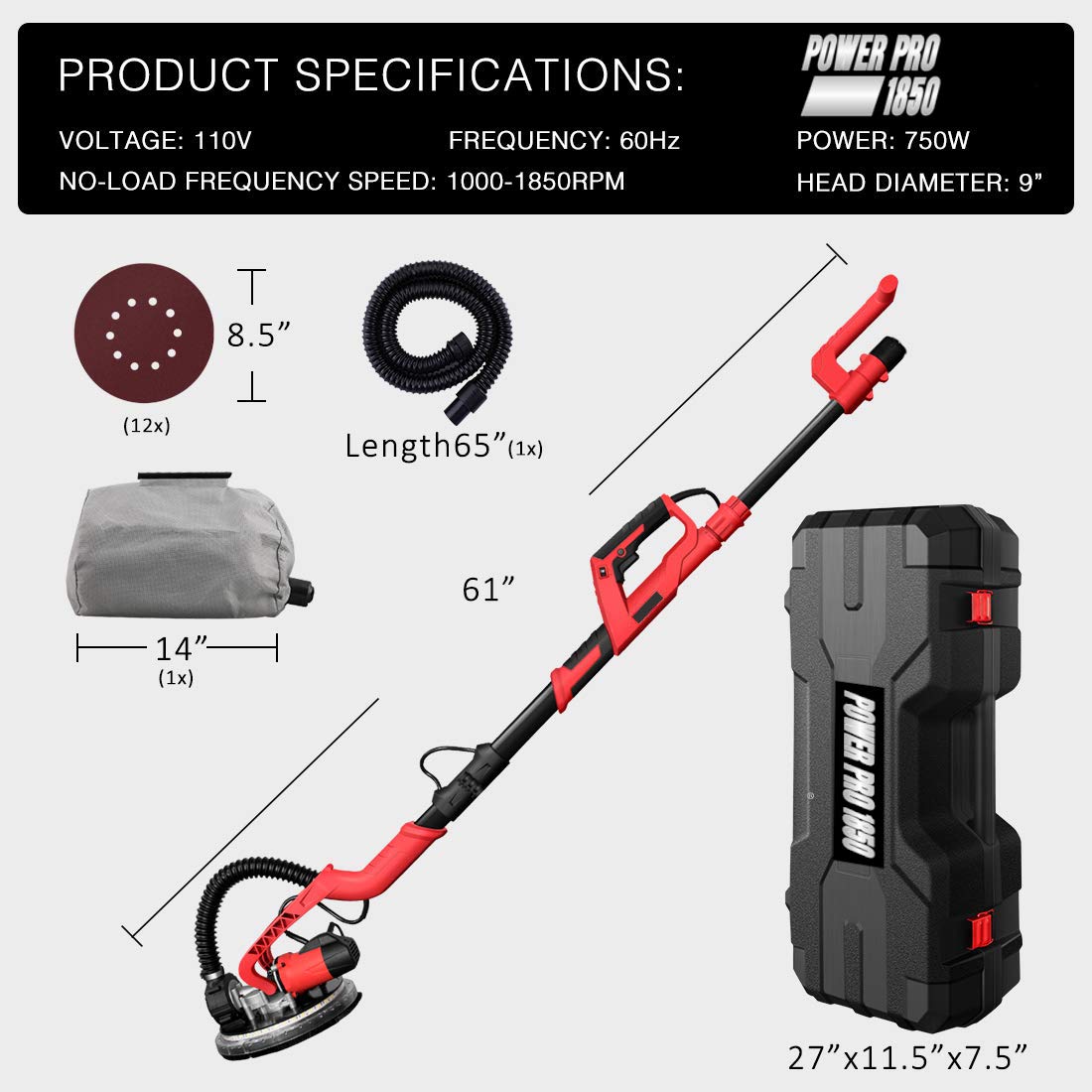 POWER PRO 1850 Electric Drywall Sander - Variable Speed 1000-1850rpm, 750 Watts, with Automatic Vacuum System, LED Light, and Tool Case (1850)