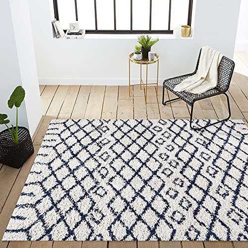 JONATHAN Y SHG104B-8 Sineu Moroccan Diamond Shag Indoor Area-Rug Bohemian Contemporary Modern Geometric Easy-Cleaning High Traffic Bedroom Kitchen Living Room Non Shedding, 8 X 10, Beige/Navy