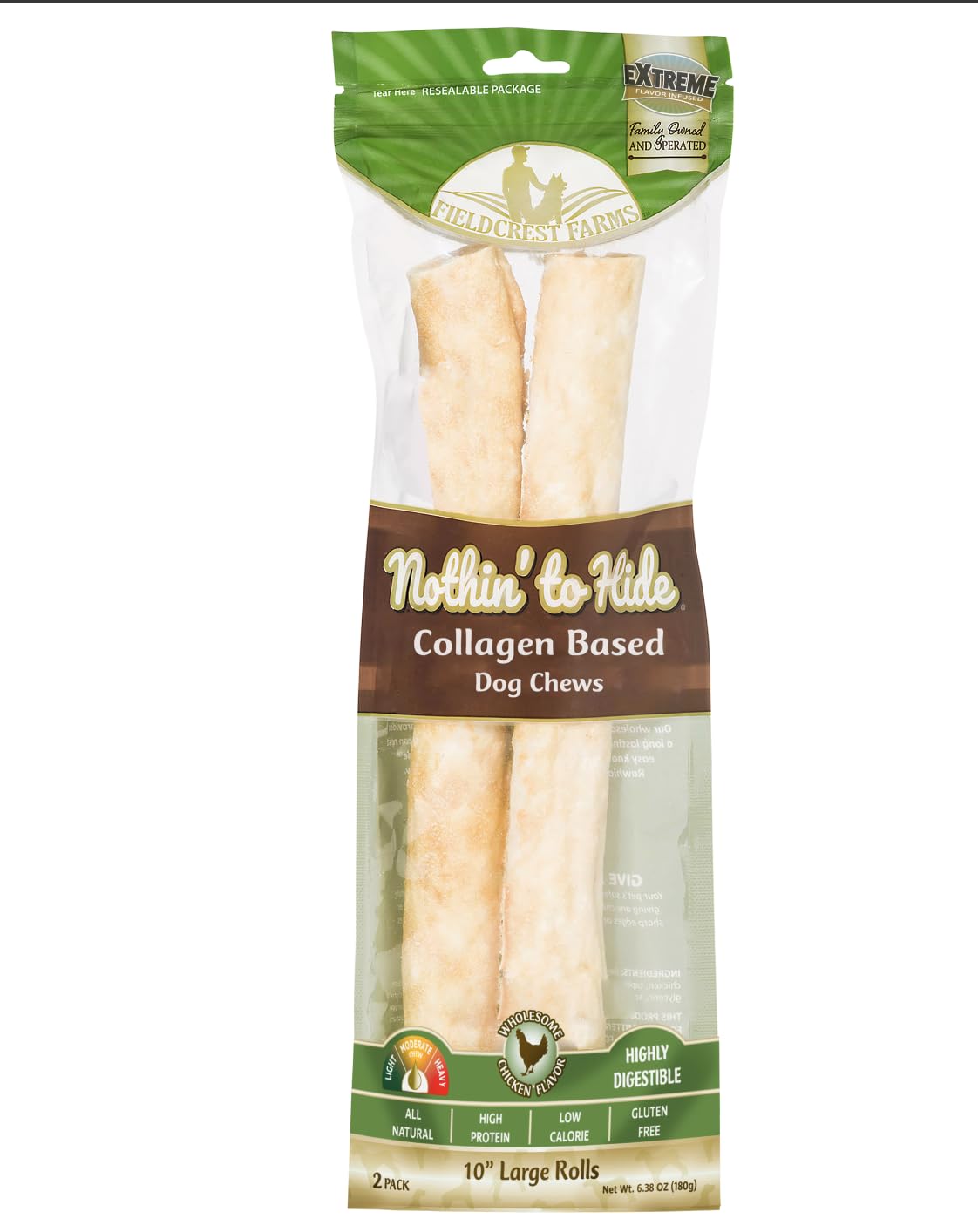 Fieldcrest Farms Nothing to Hide Natural Rawhide Alternative Large 10'' Rolls for Dogs - 3 Pack (6 Chews) Premium Grade Easily Digestible Chews - Great for Dental Health (Chicken)