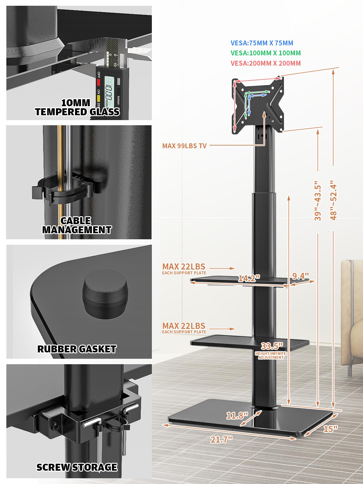 Universal Floor TV Stand with Mount for 19 to 43 inch Flat Screen TV, 100 Degree Swivel,Adjustable Height and Tilt Function, 3 Shelves Space Saving Standing TV Mount for Bedroom Living Room Corner