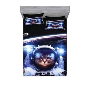 ambesonne cat fitted sheet & pillow sham set, funny astronaut cat above earth in outer space explorer kitty mission humor art image, decorative printed 3 piece bedding decor set, queen, purple indigo