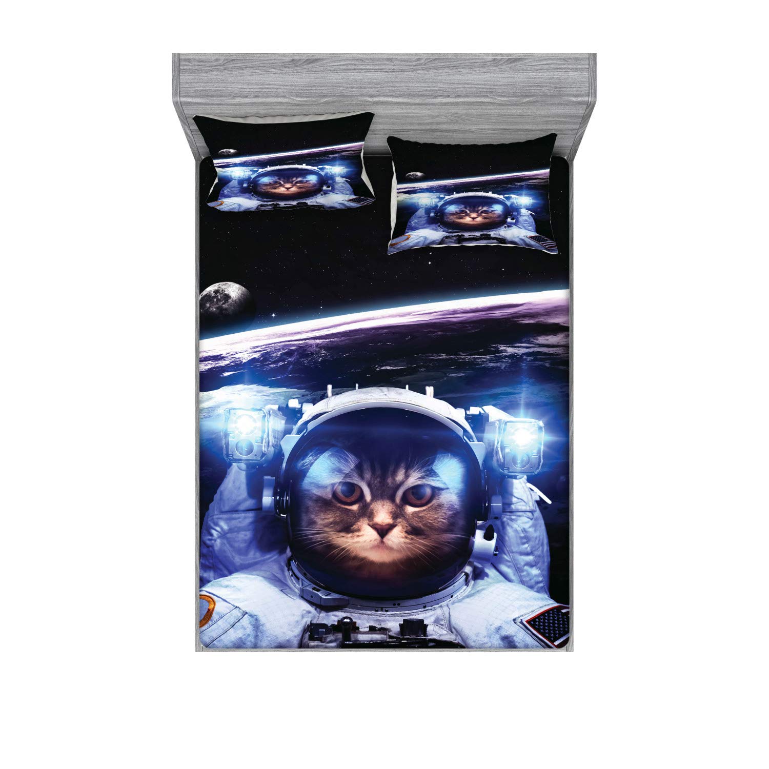 Ambesonne Cat Fitted Sheet & Pillow Sham Set, Funny Astronaut Cat Above Earth in Outer Space Explorer Kitty Mission Humor Art Image, Decorative Printed 3 Piece Bedding Decor Set, Queen, Purple Indigo