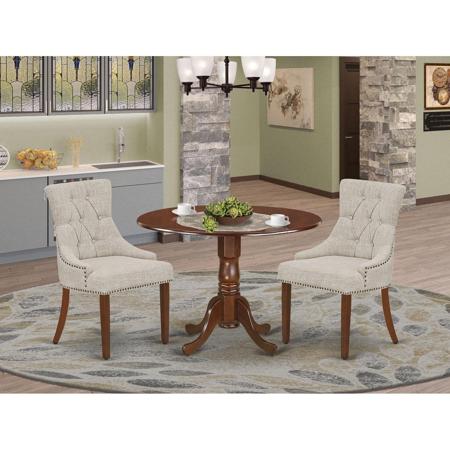 East West Furniture DLFR3-MAH-05 3 Piece Dinette Set for Small Spaces Contains a Round Dining Table with Dropleaf and 2 Doeskin Linen Fabric Upholstered Chairs, 42x42 Inch, Mahogany