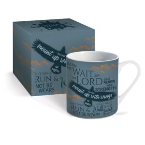 christian mug with gift box, 12 oz, eagles wings, with bible verse isaiah 40:31. these christian coffee mugs make perfect christian gifts for men, by just cards direct (blue/eagles)