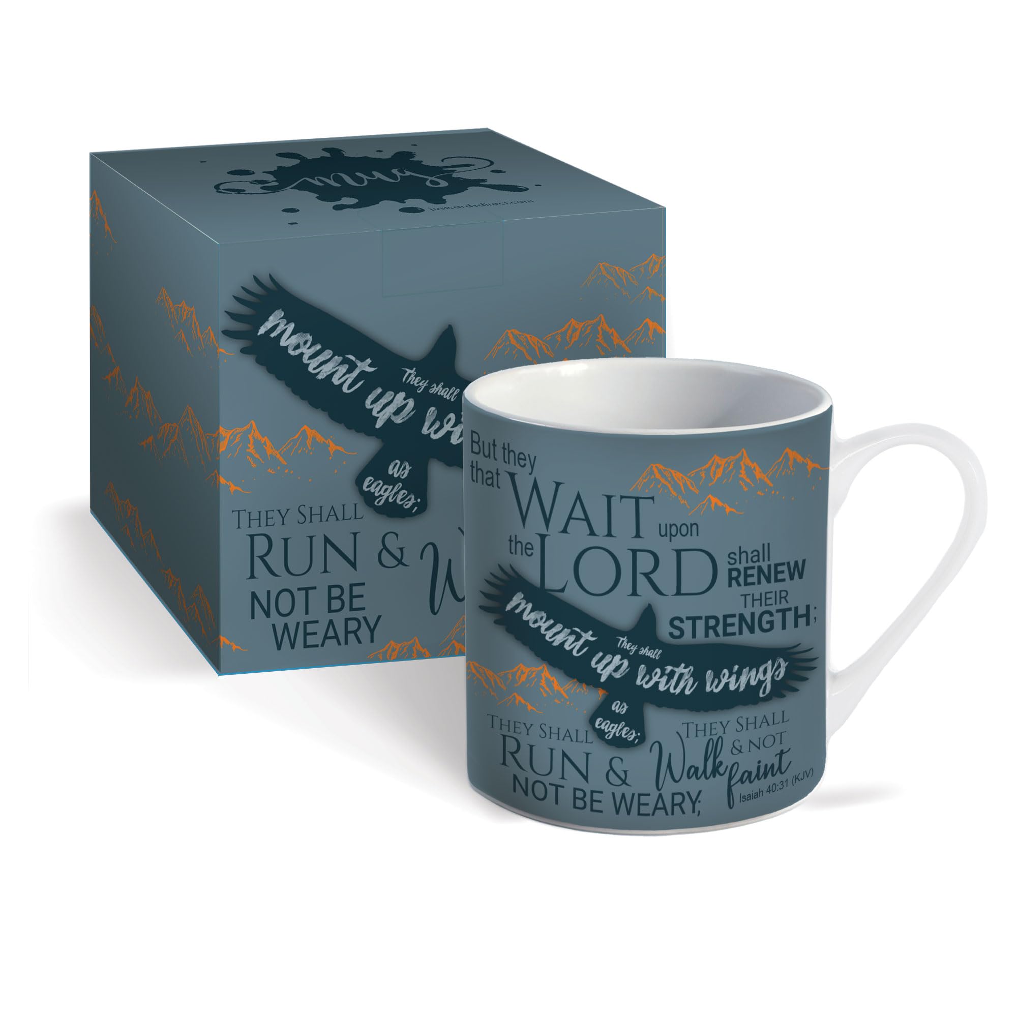 Christian Mug with Gift Box, 12 oz, Eagles wings, with Bible verse Isaiah 40:31. These Christian Coffee Mugs make perfect Christian gifts for men, by Just Cards Direct (Blue/Eagles)