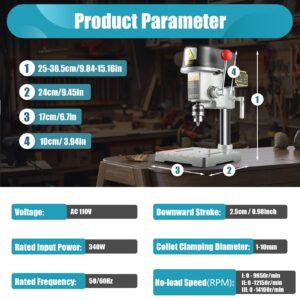 Mini Drill Press, 110V 340W 3-Speed Pillar Drill Press & Table Stand 1-10mm Clamp TOOL Benchtop Drill Press Chuck Metal Wood Plastic Open Hole Milling Machine for Metal Wooden Jewelry DIY and Crafts