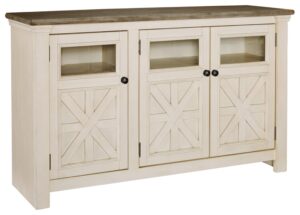 signature design by ashley bolanburg farmhouse tv stand fits tvs up to 58", 2 cabinet doors and 4 adjustable storage shelves, whitewash & light brown