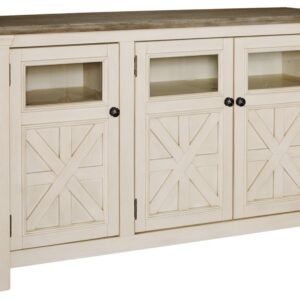 Signature Design by Ashley Bolanburg Farmhouse TV Stand Fits TVs up to 58", 2 Cabinet Doors and 4 Adjustable Storage Shelves, Whitewash & Light Brown