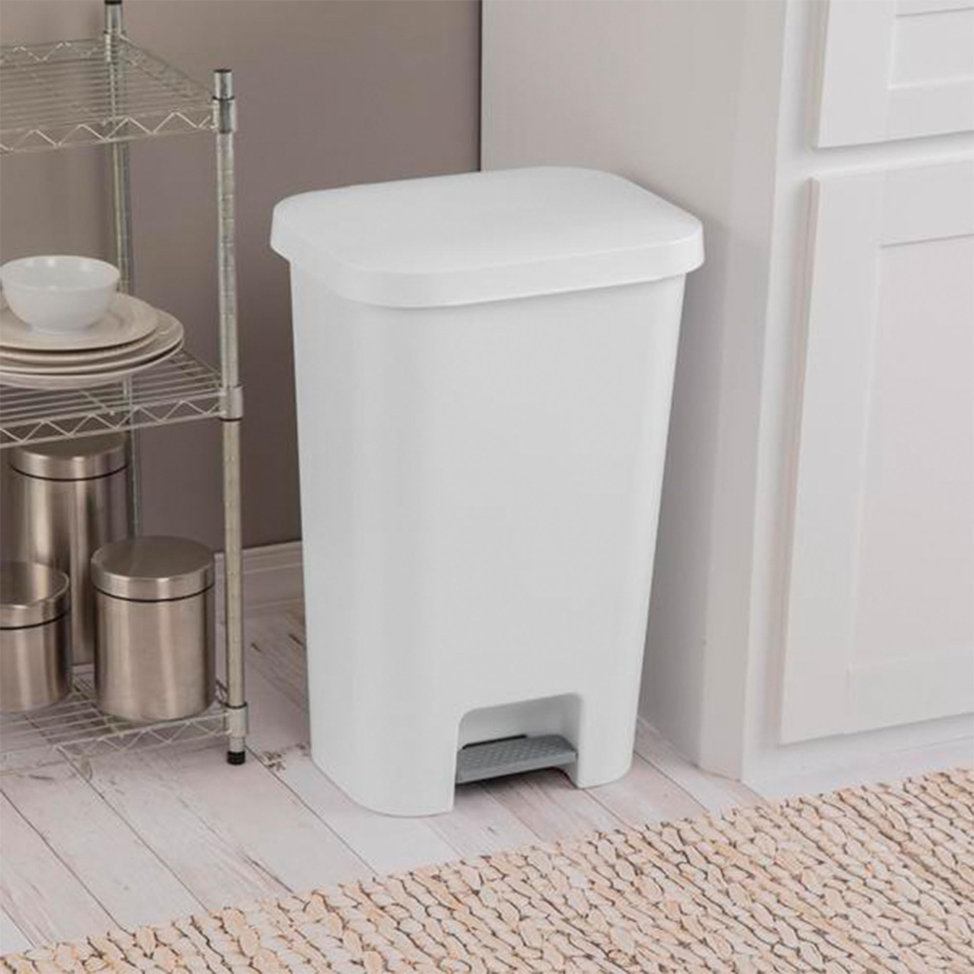 Sterilite 11.9 Gallon StepOn Wastebasket with Lid, Ideal in the Kitchen and Mudroom, Fits a Large 13 Gal Trash Liner, Pedal, White Lid and Bin, 4-Pack