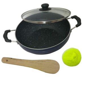 induction base non-stick kadai with glass lid non stick frying wok flat bottom, non stick all purpose pan, non-stick aluminium kadhai deep fry pan non stick 2.2 litre