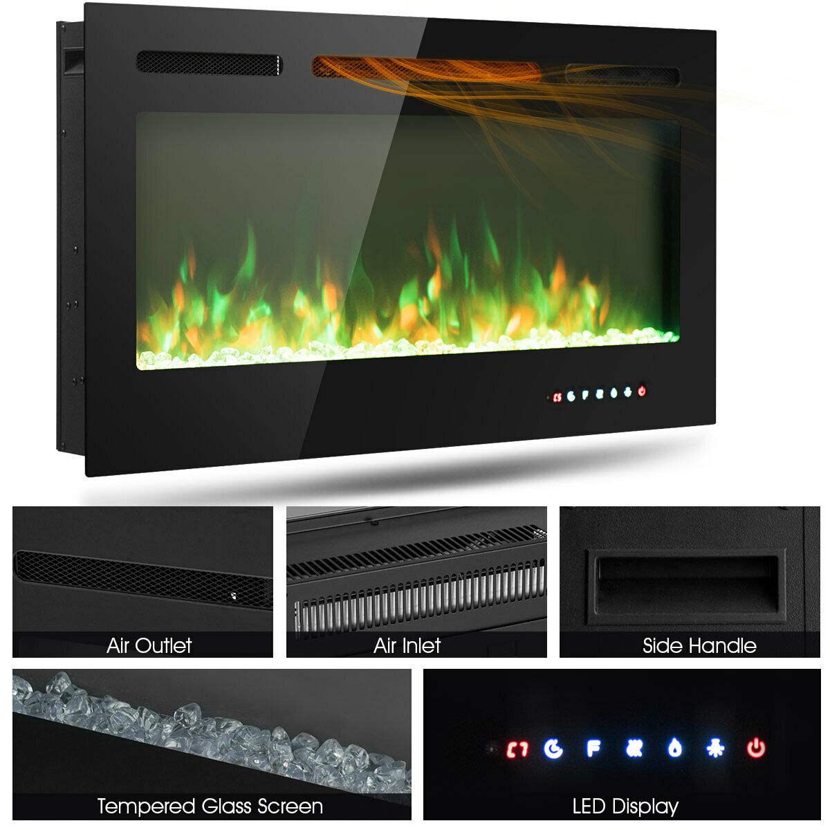 Tangkula 40 inches Electric Fireplace Insert with Thermostat, in-Wall Recessed and Wall Mounted 1500 W Faux Fireplace, Touch Screen Control, 9 Flamer Color, Temperature Control & Timer (40 inches)