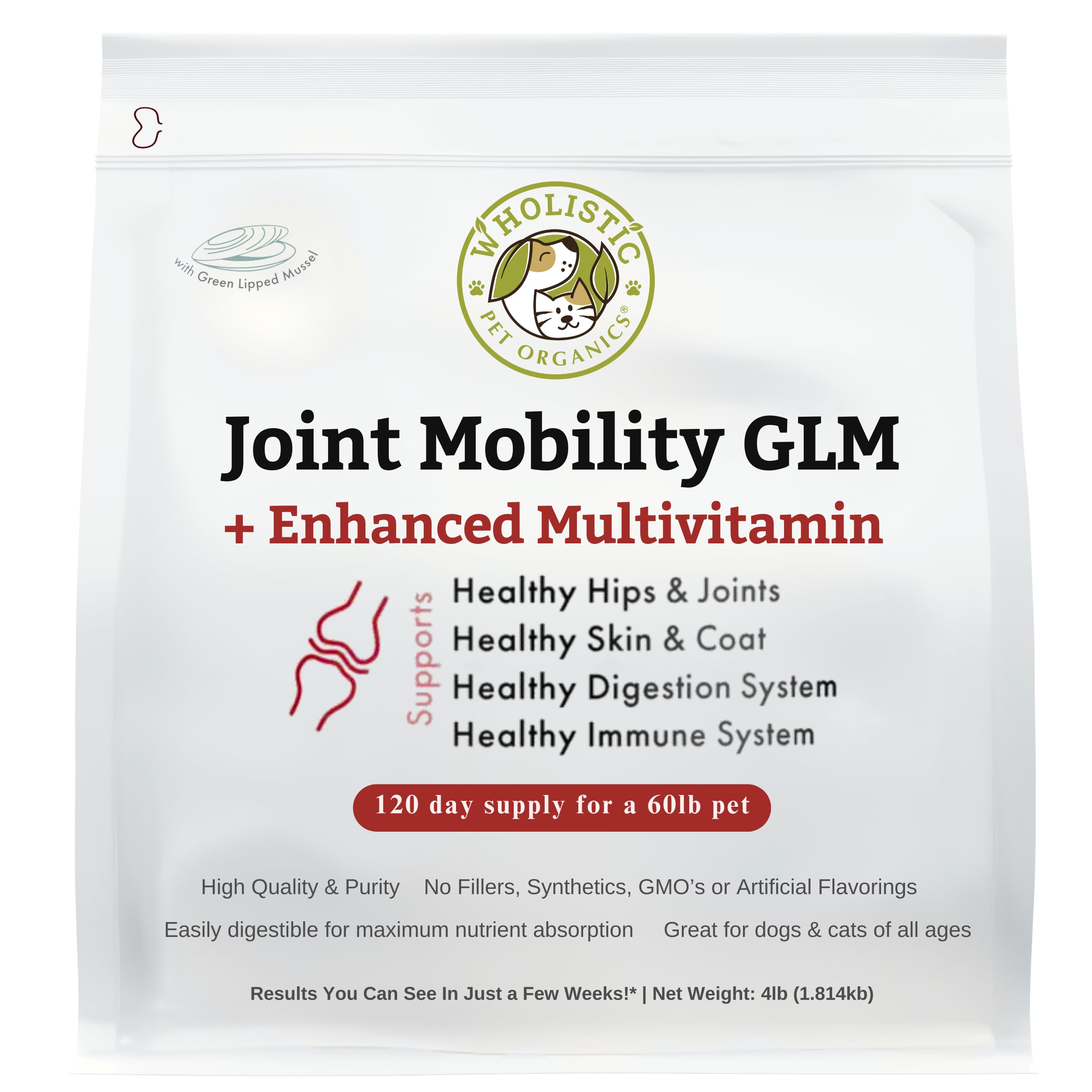 Wholistic Pet Organics Joint Supplement: Joint Mobility with Green Lipped Mussel Daily Joint Health Supplements for Dogs - Dog Glucosamine Powder with MSM, Probiotics, Vitamins, Minerals - 4 Lb