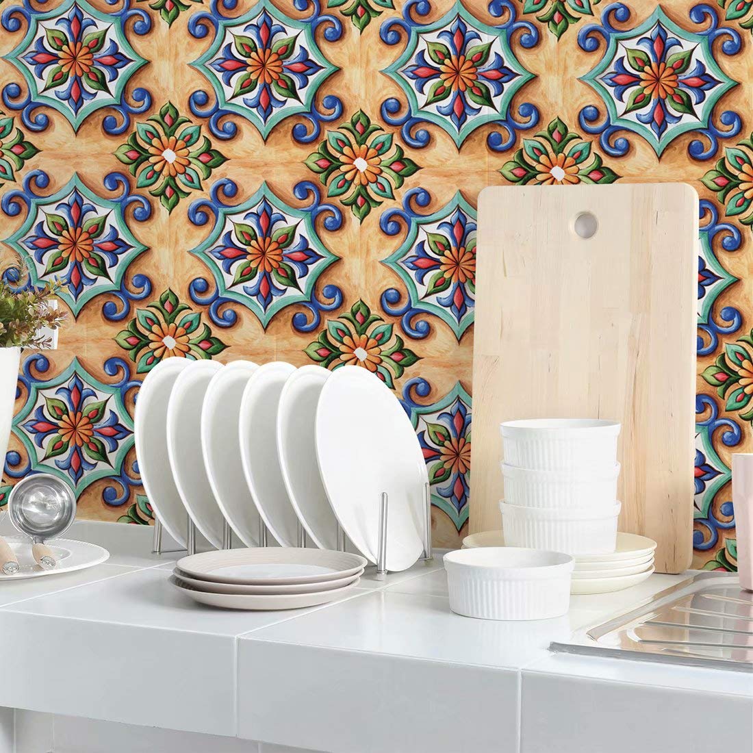 Self-Adhesive DIY Stickers Peel and Stick Wall Backsplash Decals Home Tiles for Kitchen/Living Room/Bathroom in Moroccan Portuguese Mexican Talavera Design - Pack of 6