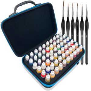 pixiss model paint storage case acrylic paint organizer holder tray works with round top hobby paint brands, paint rack or paint holder 60 slots with 6 fine detail miniatures paint brushes