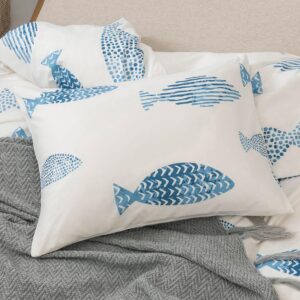 Kids Duvet Cover Twin, 3 Pieces Soft Lightweight Microfiber Duvet Cover Set, Blue Abstract Fish Bedding Comforter Cover Set with Zipper Ties, 1 Duvet Cover and 2 Pillowcases, No Comforter