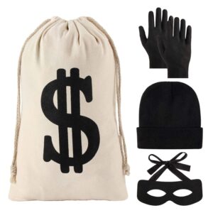 yaromo 4 pieces robber costume set, include canvas dollar sign money bags bandit eye mask knit beanie cap for halloween cosplay burglar theme party