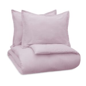 vue lark solid pre-washed modern soft 3 piece duvet cover set with two pillow shams and button closure, lilac