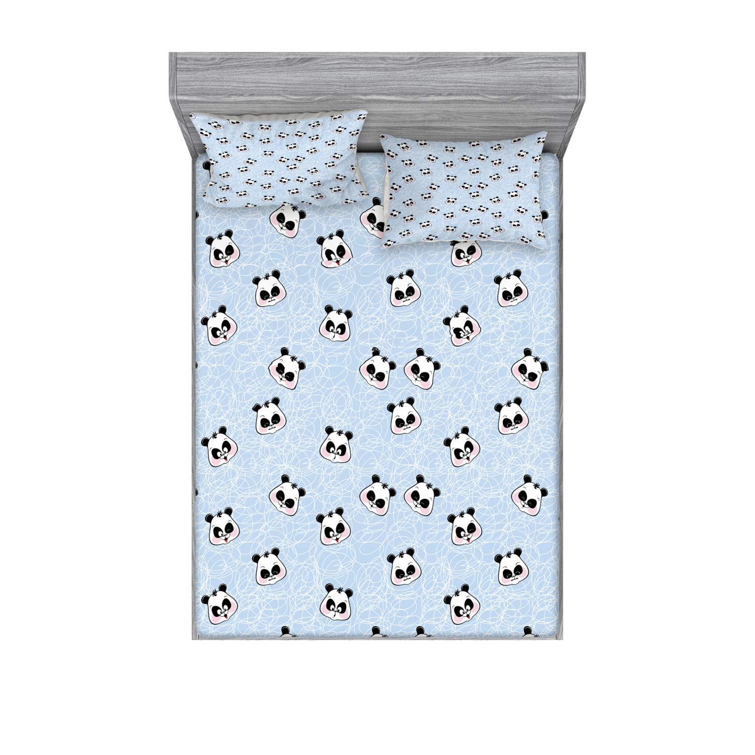 Ambesonne Panda Fitted Sheet & Pillow Sham Set, Muzzles Panda Illustration with Happy Sad Funny Surprised Faces Different Expressions, Decorative Printed 3 Piece Bedding Decor Set, Full, Black Blue