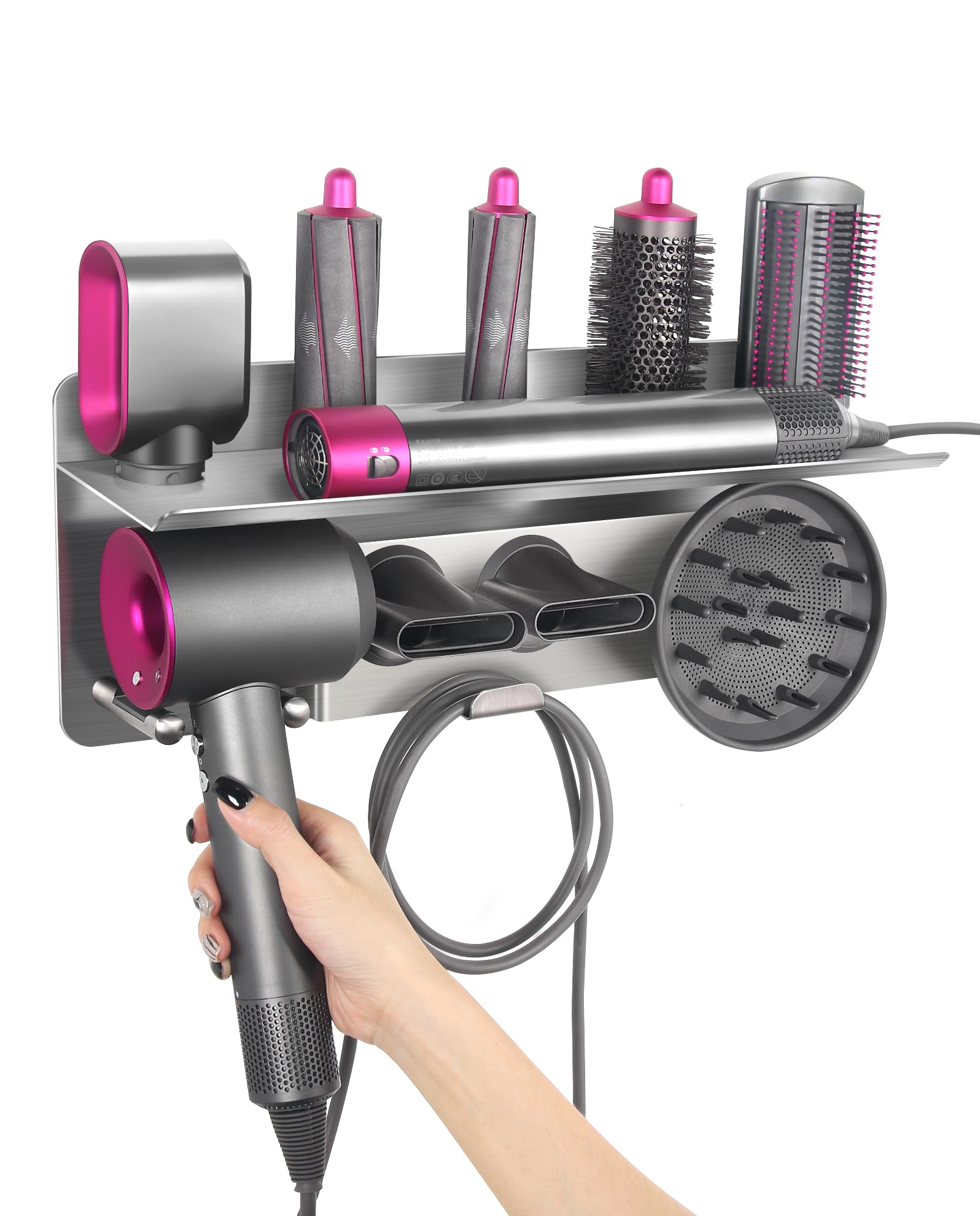 Hair Dryer Holder Compatible with Dyson Supersonic Hair Dryer Compatible with Dyson Airwrap Styler Organizer Storage 2in1 Wall Mounted Stand Fits Curler Diffuser 2 Nozzles for Bathroom Bedroom Salon